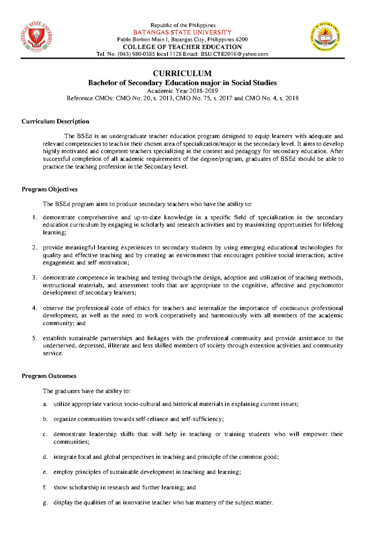 BSED SS - prospectus - Republic of the Philippines BATANGAS STATE UNIVERSITY Pablo Borbon Main I ...