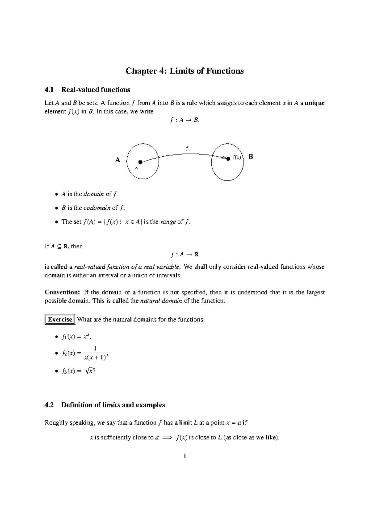 Chapter 4 - NIL - Chapter 4: Limits of Functions 4 Real-valued functions Let A and B be sets. A ...