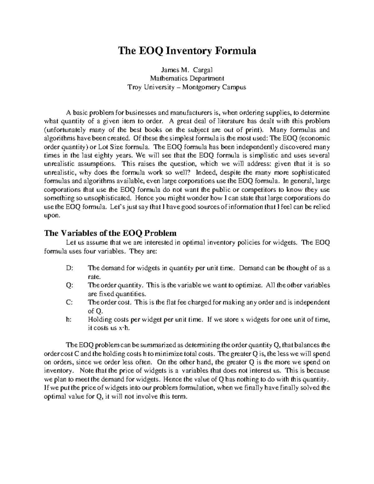 The EOQ Formula - eoq - The EOQ Inventory Formula James M. Cargal ...