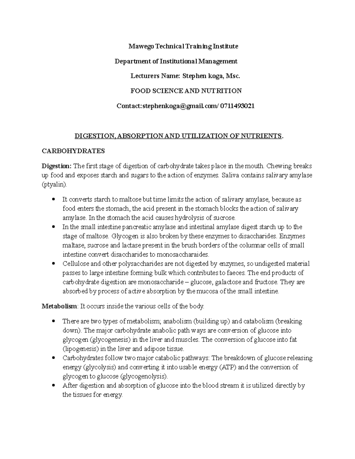 Lecture 9 Notes Human nutrition AND DIET - Mawego Technical Training ...