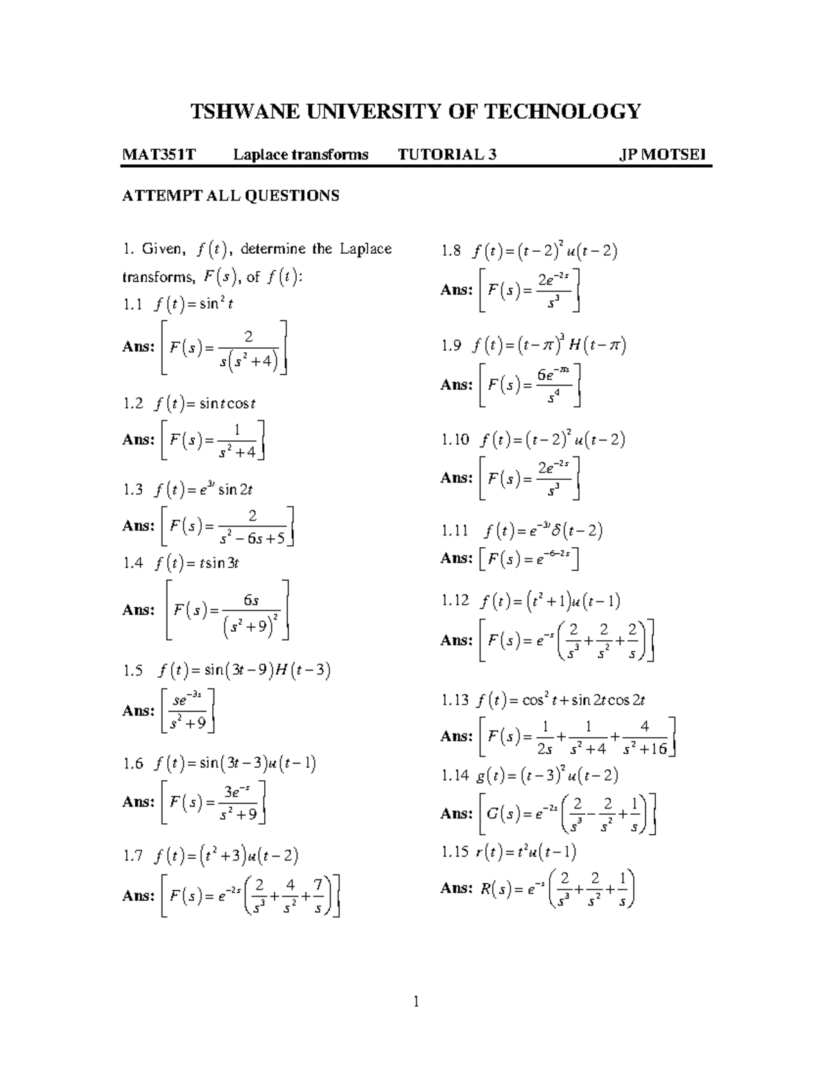 Tutorial 3 Laplace Transforms - TSHWANE UNIVERSITY OF TECHNOLOGY ...