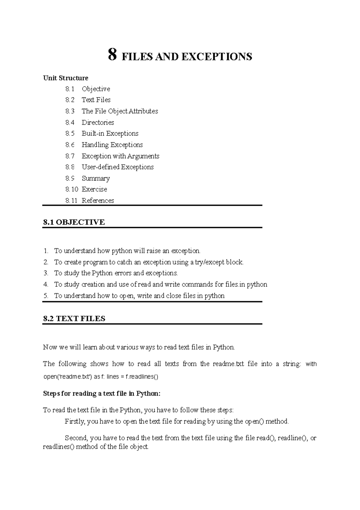 1 - notes - 8 FILES AND EXCEPTIONS Unit Structure 8 Objective 8 Text ...
