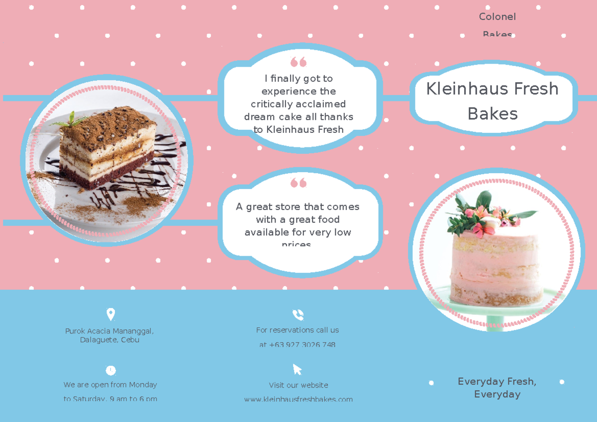 Cake Bakery Tri-Fold Brochure Front A4 - Colonel Bakes Everyday Fresh ...