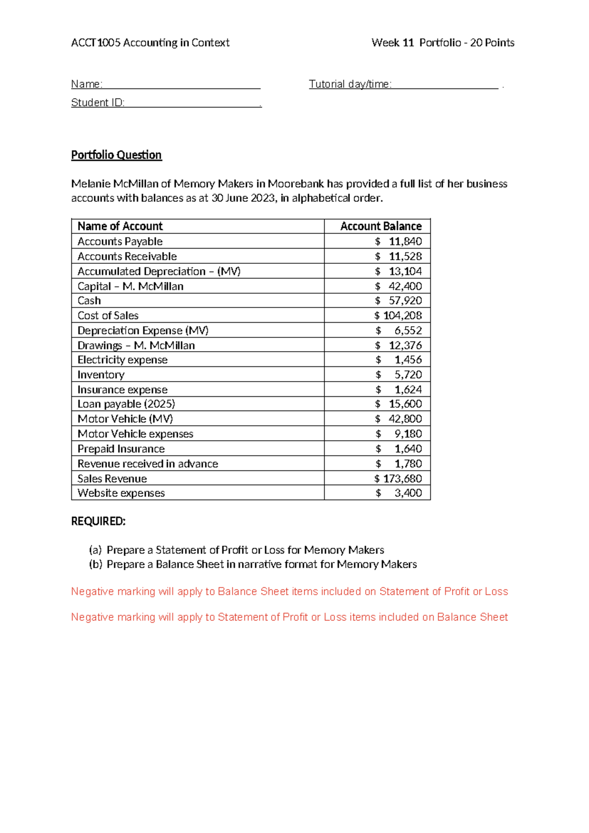 Practice Portfolio Question for Week 11 - ACCT1005 Accounting in Context Week 11 Portfolio - 20 ...