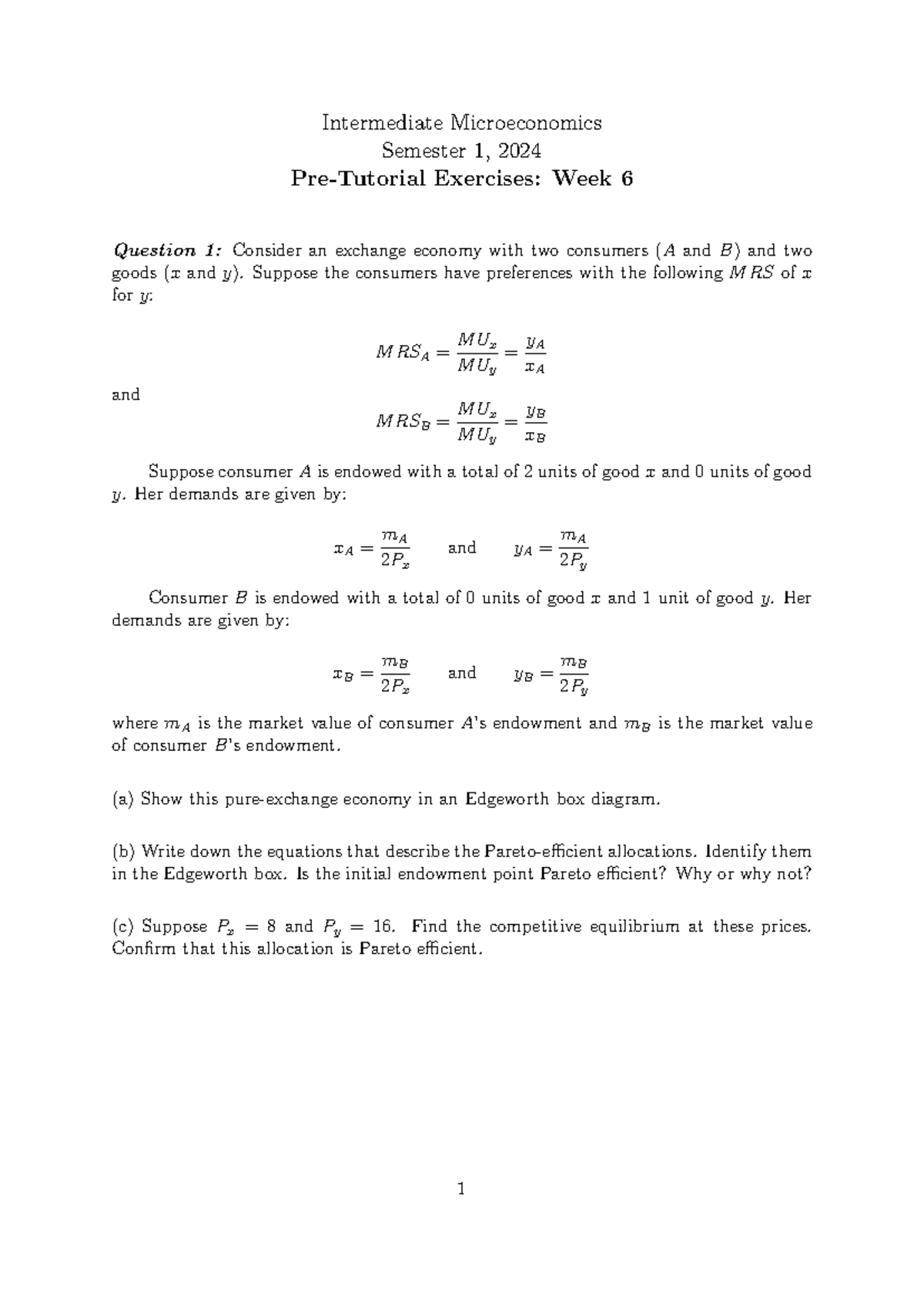 Pre Tute Wk06 IM 2024 - Intermediate Microeconomics Semester 1, 2024 ...