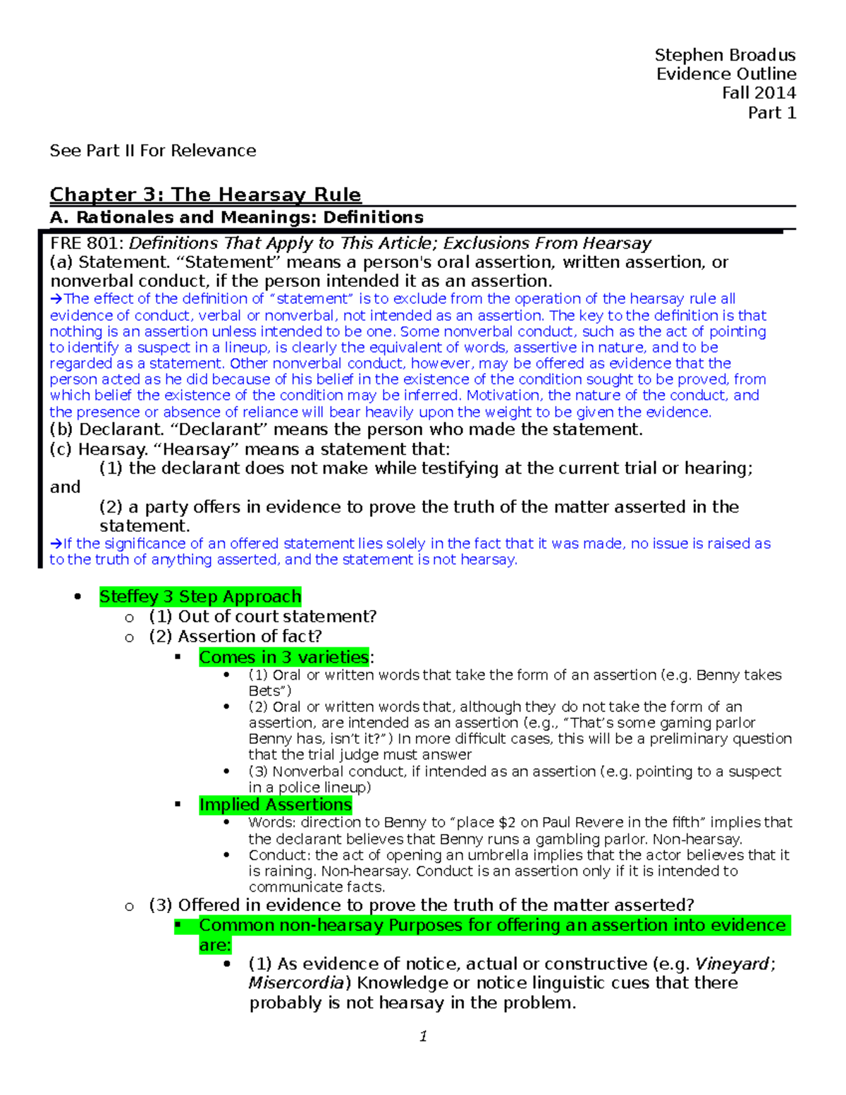 Evidence Outline 2021 - Stephen Broadus Evidence Outline Fall 2014 Part ...