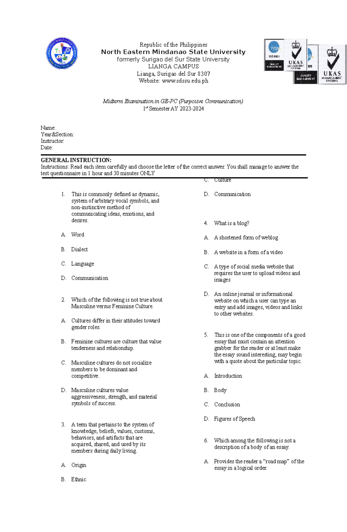 GE PC Midterm Exam - The file uploaded is an examination for purposive ...