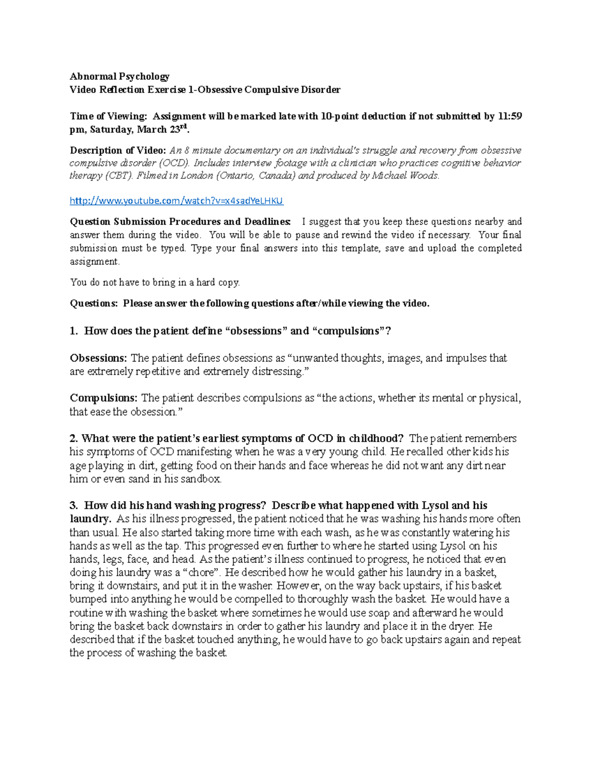 OCD vid reflection - Abnormal Psychology Video Reflection Exercise 1 ...