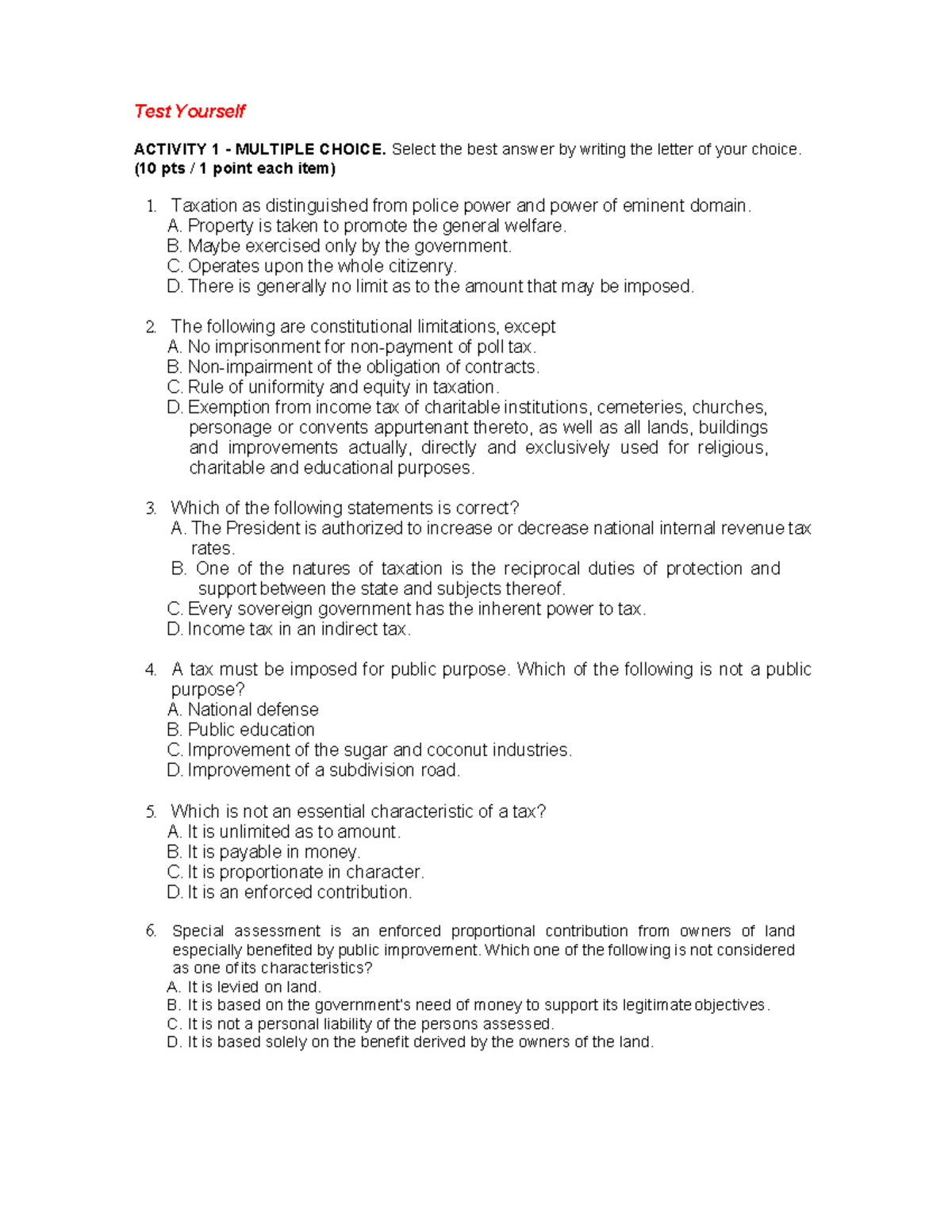 General Principle of Taxation - Test Yourself ACTIVITY 1 - MULTIPLE ...