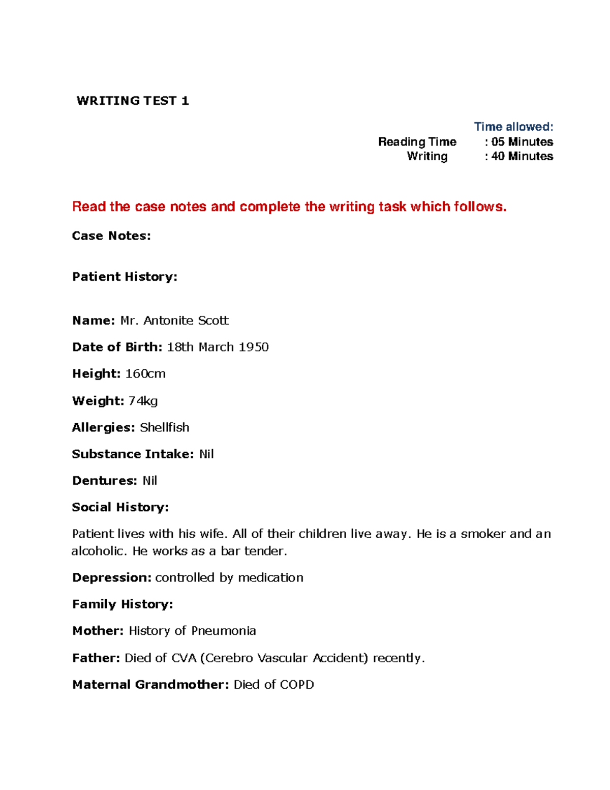 Sample-writing-for-doctors - WRITING TEST 1 Time allowed: Reading Time ...