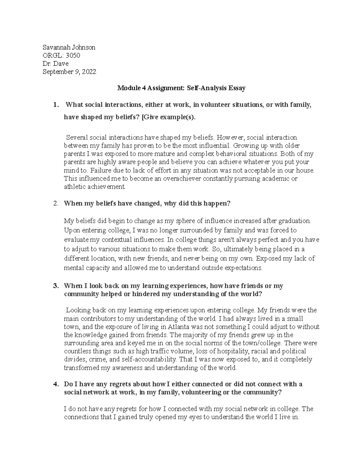 Assignment 4- Self Analysis Essay - Savannah Johnson ORGL: 3050 Dr ...