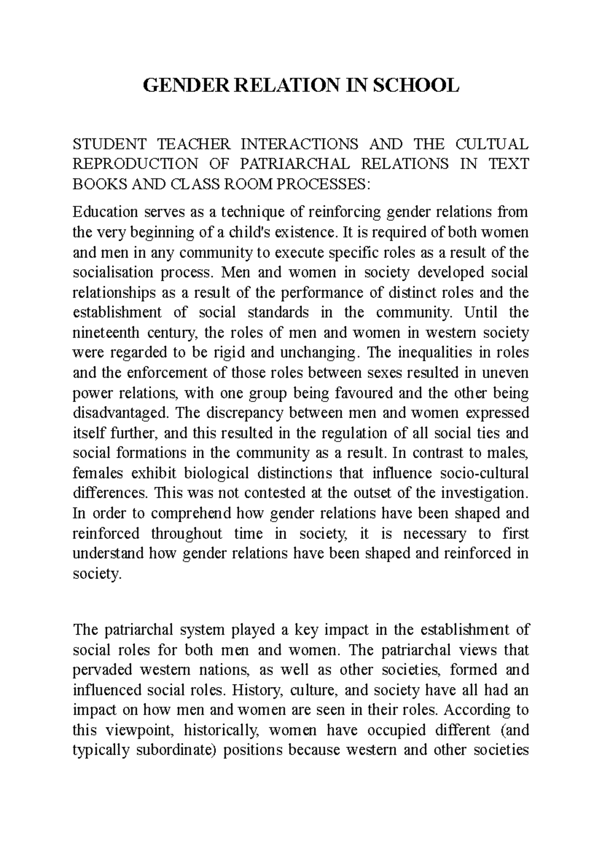 Gender Relation IN School - GENDER RELATION IN SCHOOL STUDENT TEACHER ...