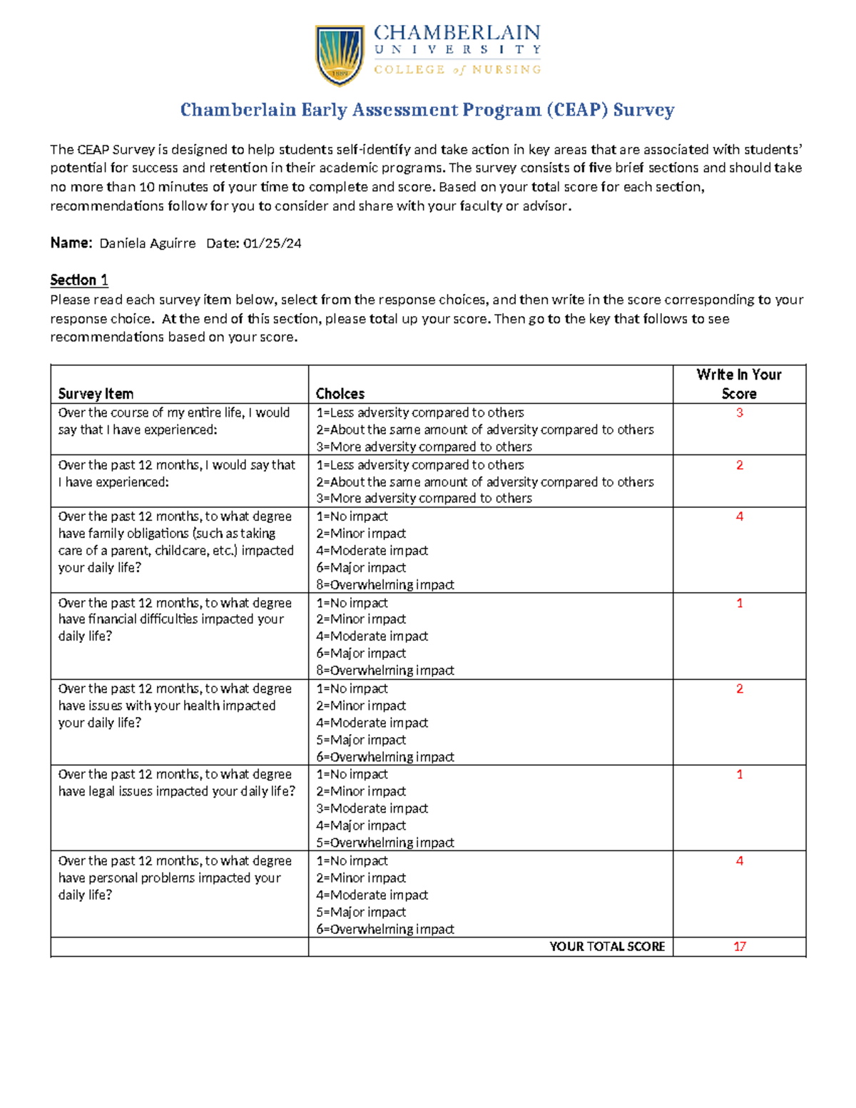 CEAP - CEAP survey - Chamberlain Early Assessment Program (CEAP) Survey ...