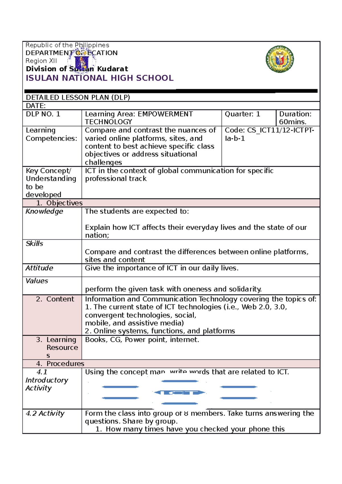Best empowerment technology lesson plan docx - Republic of the ...