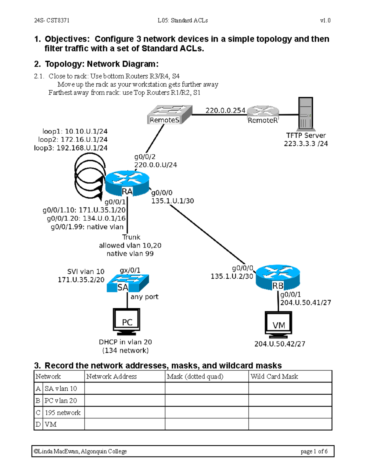 L05 Standard ACLs - L05 practice - 1. Objectives: Configure 3 network ...