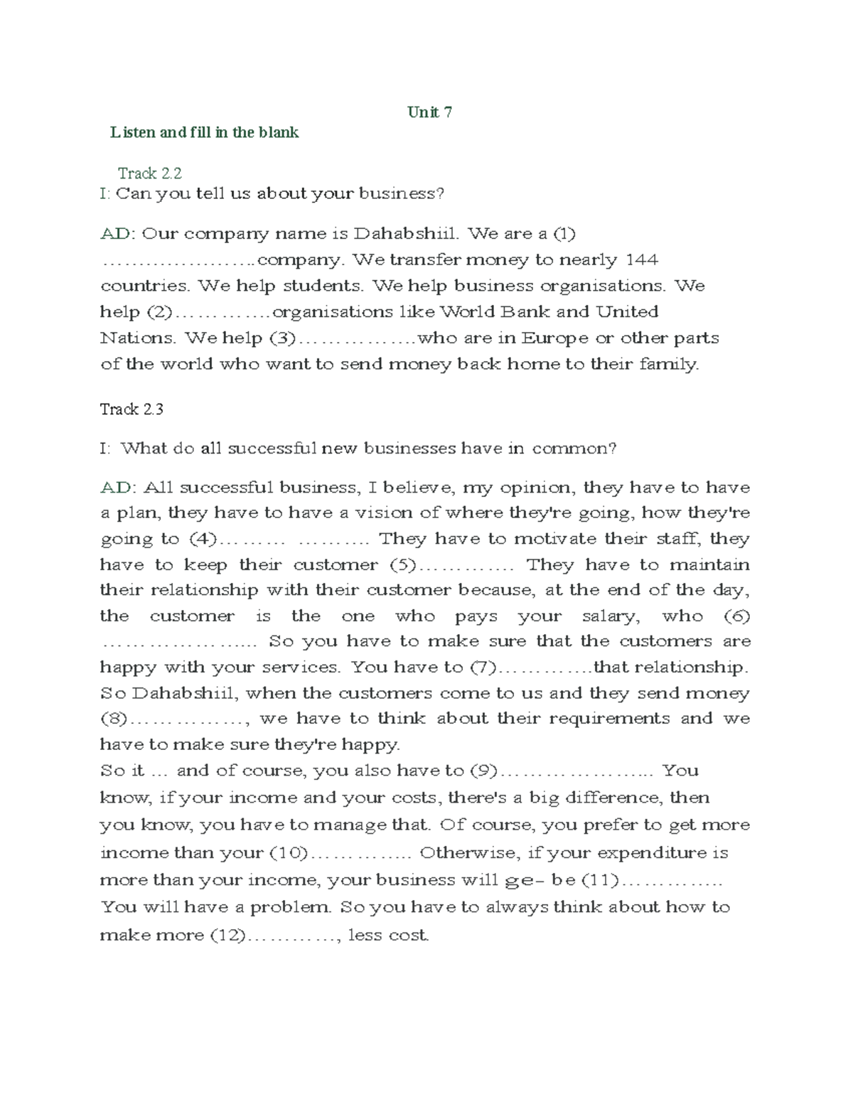 Unit 7- Listening exercise - Unit 7 Listen and fill in the blank Track ...