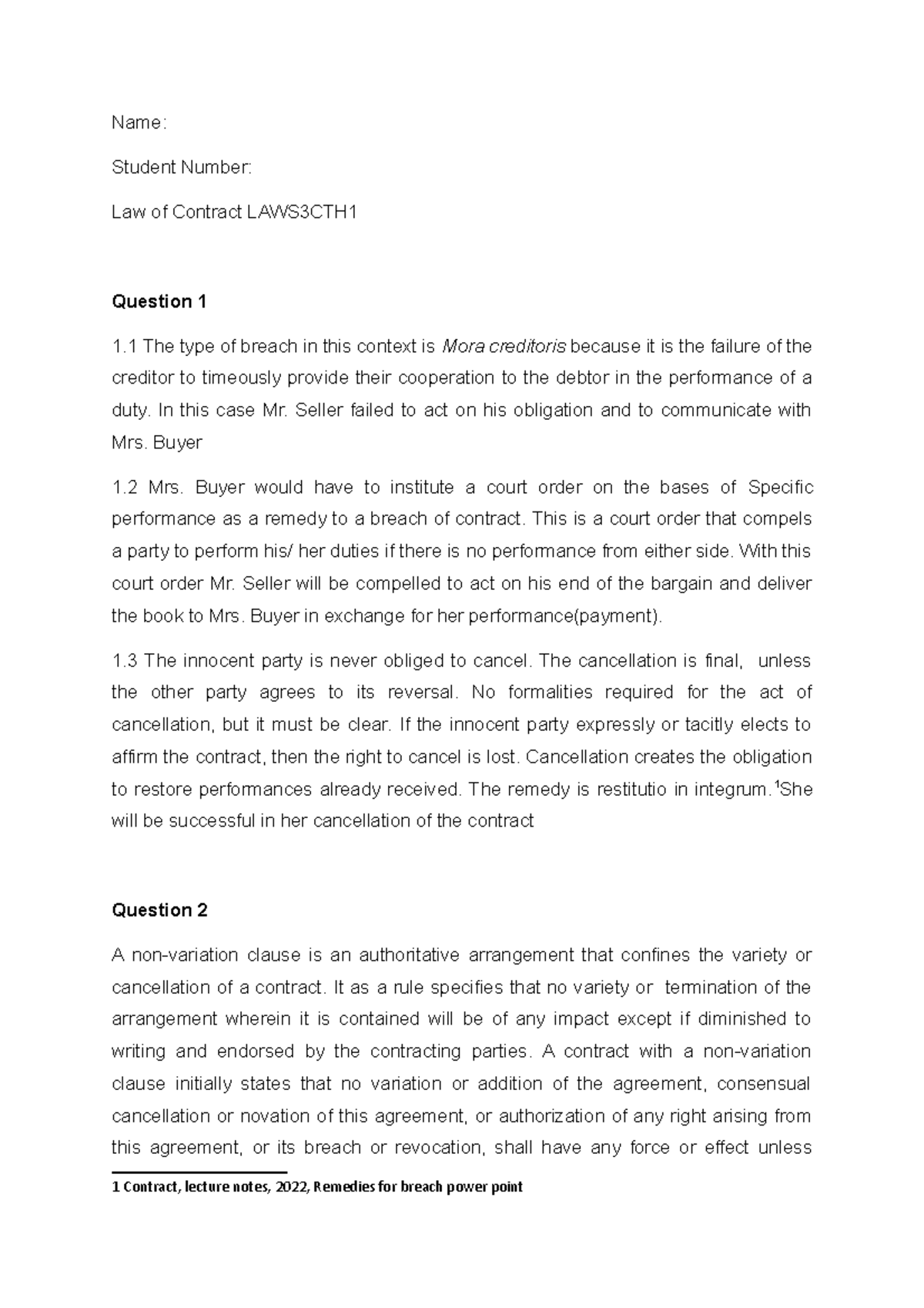 2022 Contract Test 2 - response - Name: Student Number: Law of Contract ...