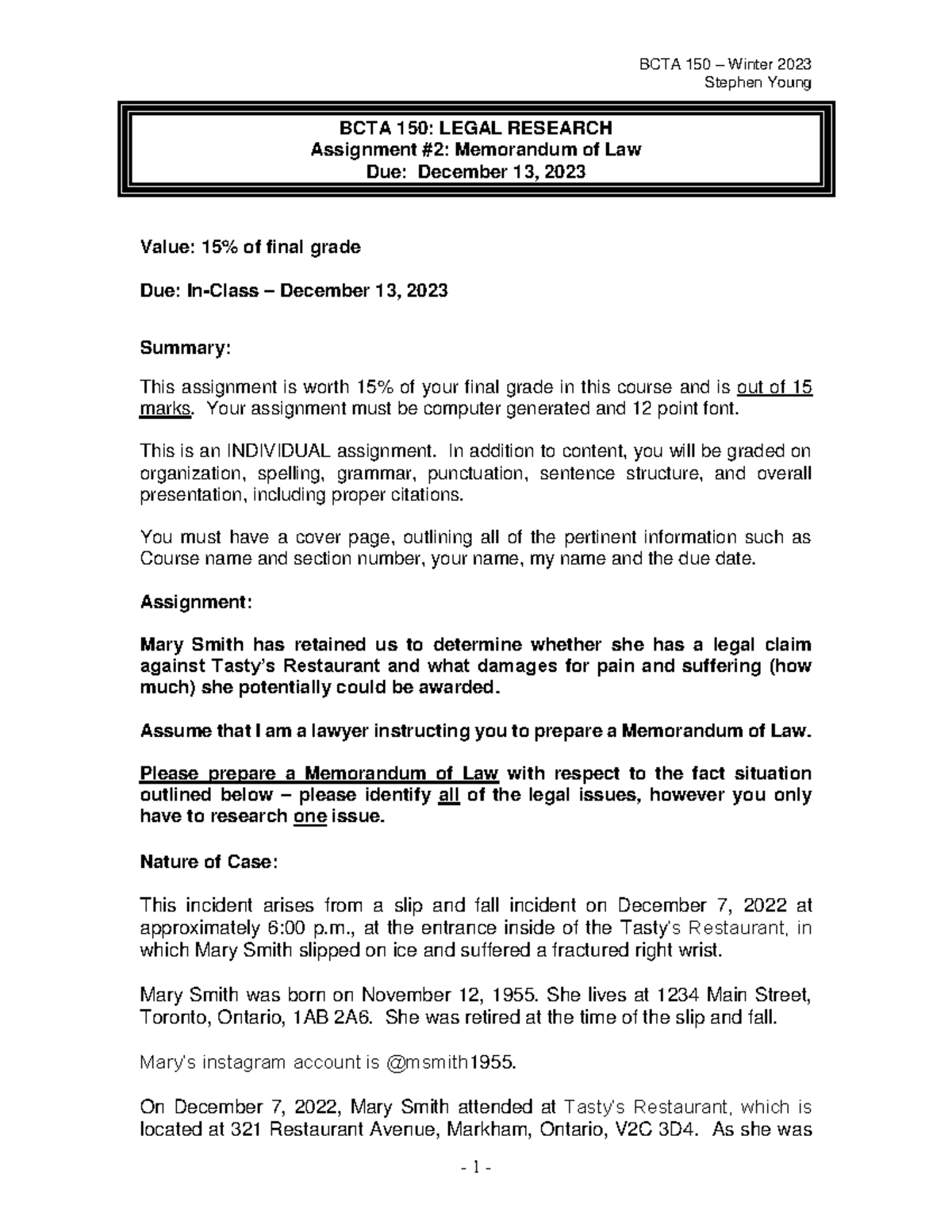 Assignment #2 - Legal Research Wednesday Fall 2023 (BCTA 150) - BCTA ...