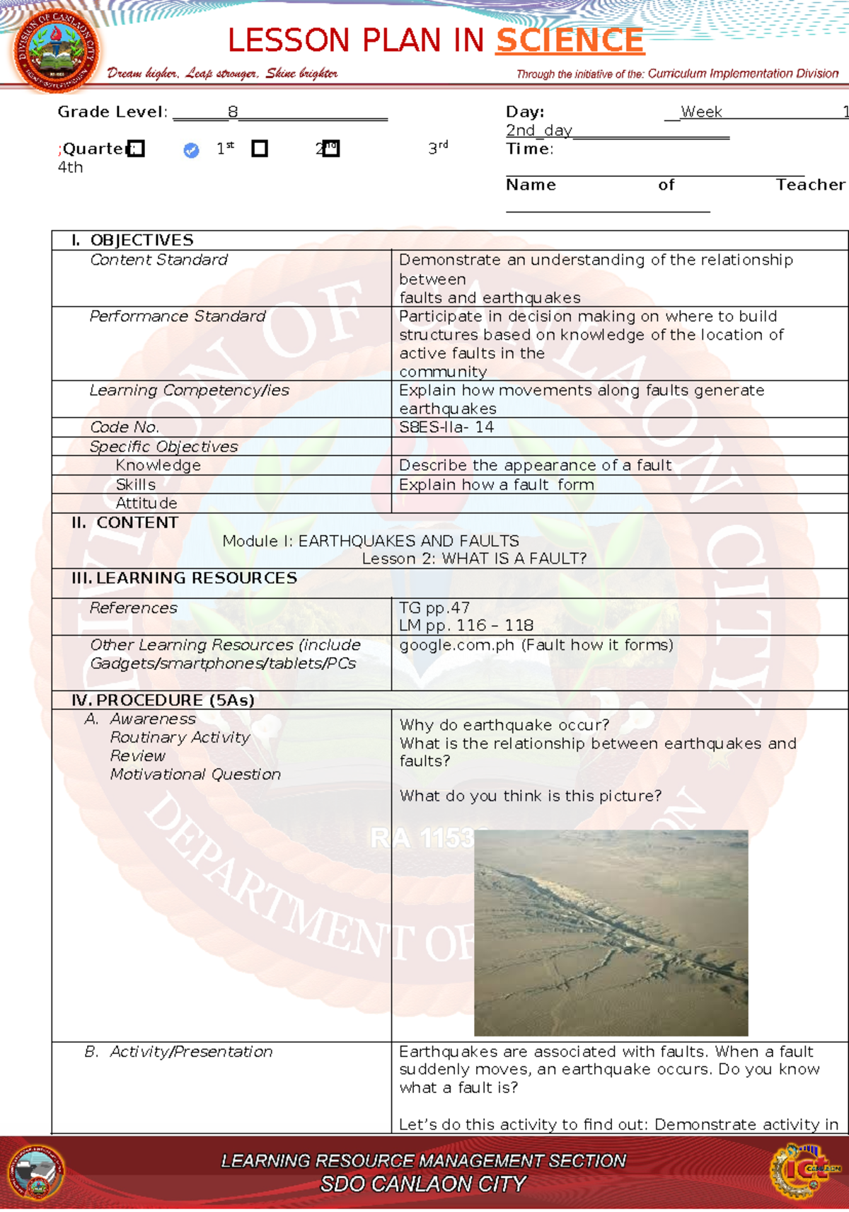 Lesson Plan V3 - Grade Level: 8____________ Day: __Week 1 2nd_day ...