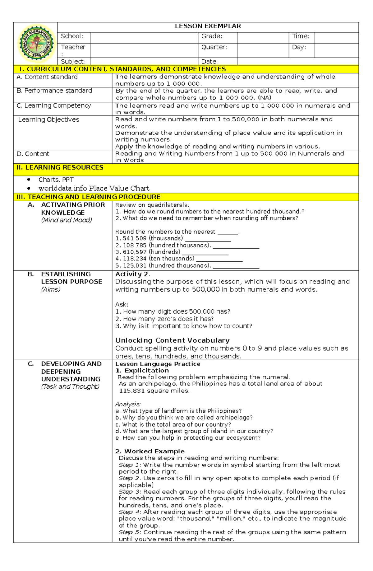 Daily lesson log - LESSON EXEMPLAR School: Grade: Time: Teacher ...