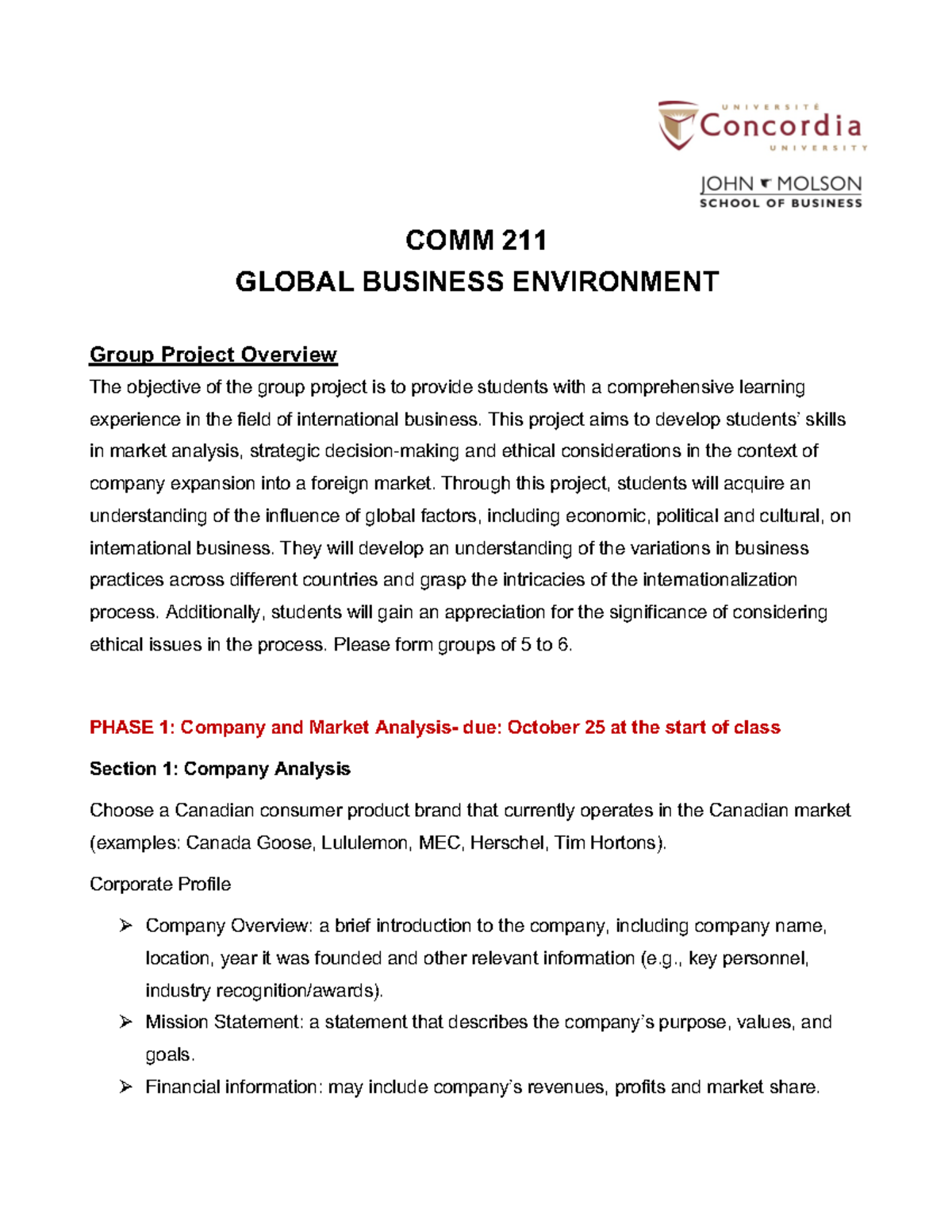 COMM211 Group Project Guidelines - COMM 211 GLOBAL BUSINESS ENVIRONMENT ...