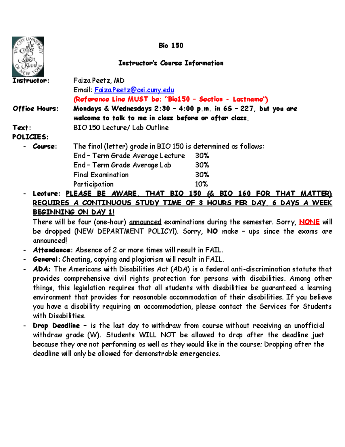 Peet’s Syllabus Bio 150 - Bio 150 Instructor’s Course Information ...