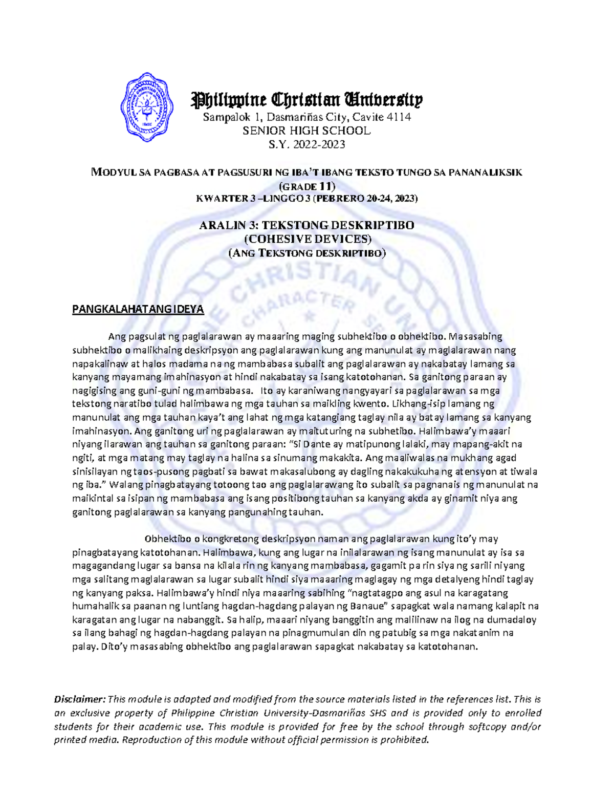 - PP-3RDQ- Module-WEEK 3 - Disclaimer: This module is adapted and modified from the source ...