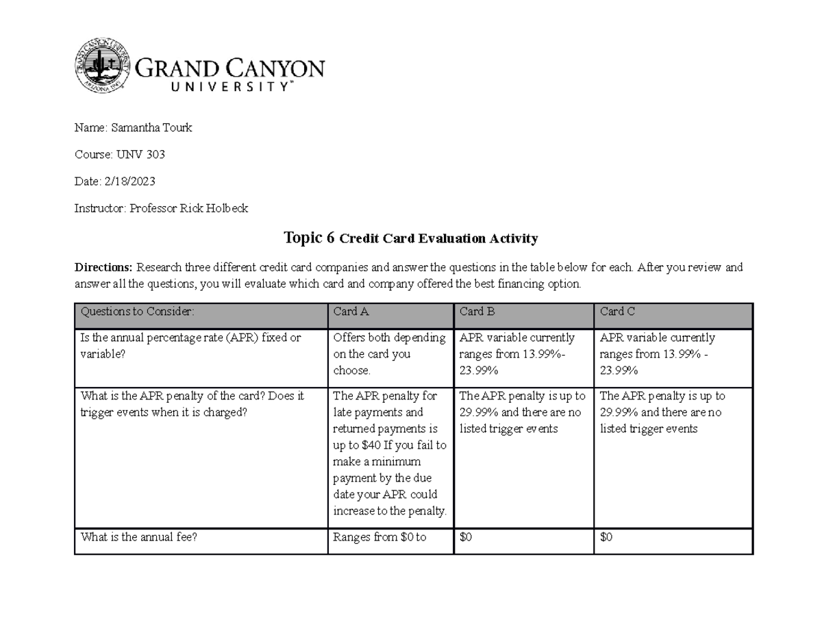Credit Card Activity - UNv - Name: Samantha Tourk Course: UNV 303 Date ...