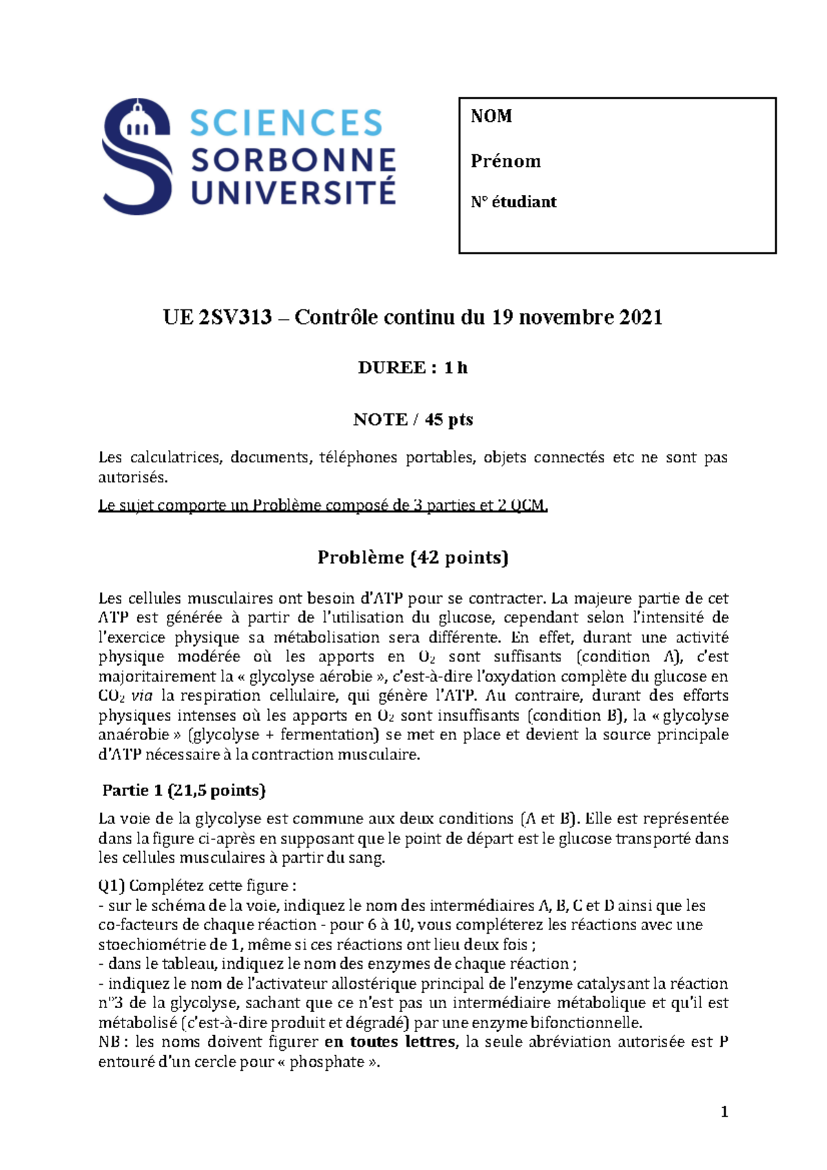 CC1 2021 sujet - cc pour s'entrainer - UE 2SV313 – Contrôle continu du 19 novembre 2021 DUREE ...