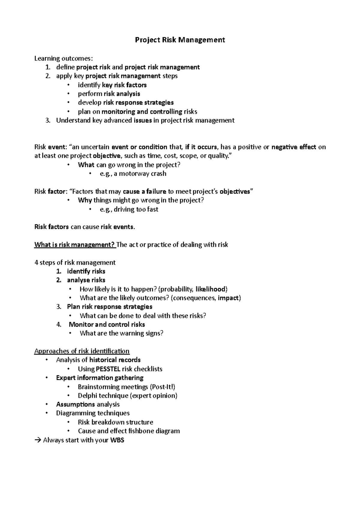 Project Risk Management - Project Risk Management Learning outcomes: 1 ...