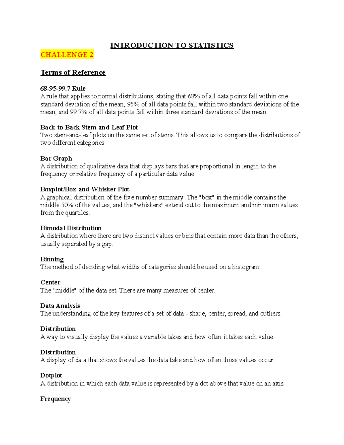 Introduction TO Statistics - challenge 2 - terms of reference - INTRODUCTION TO STATISTICS ...