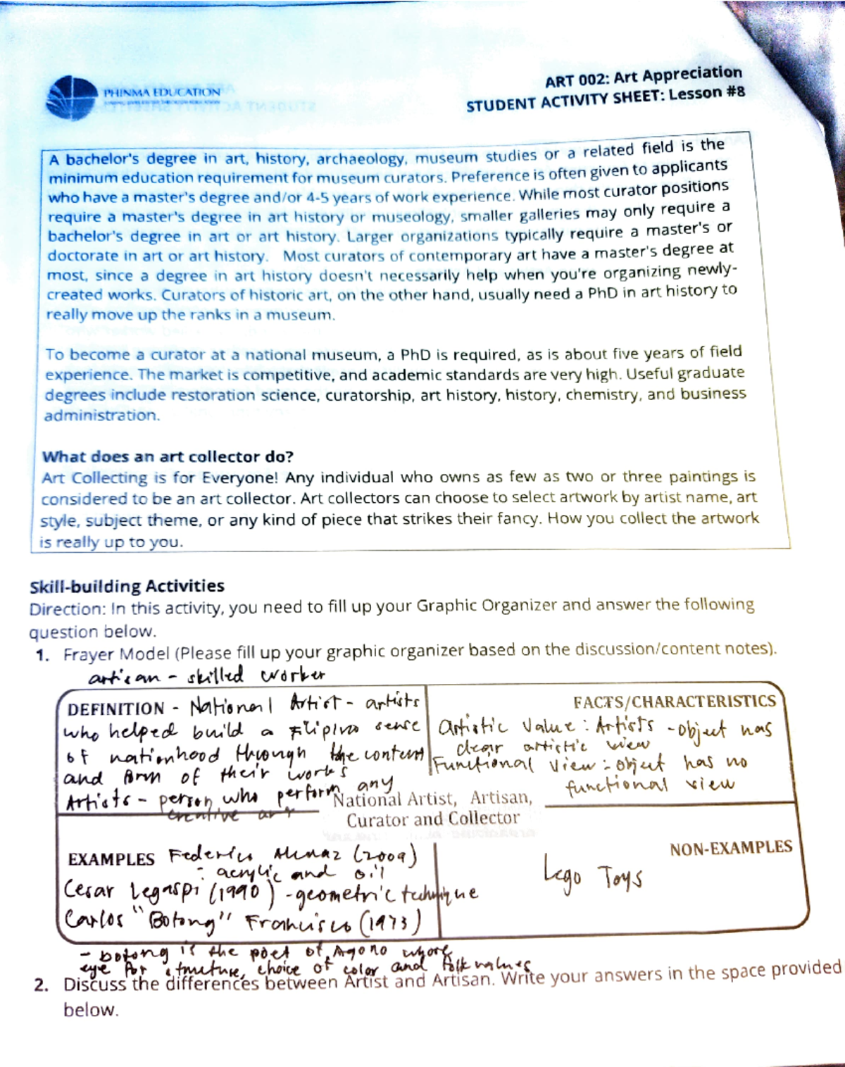 ART 002 Session 8 - Ugbjnuo - ART 002: Art Appreciation PHINMA EDUCATION STUDENT ACTIVITY SHEET ...