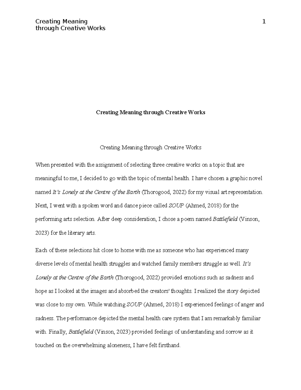 HUM 102- MOD 1 Assignment - Creating Meaning through Creative Works 1 ...