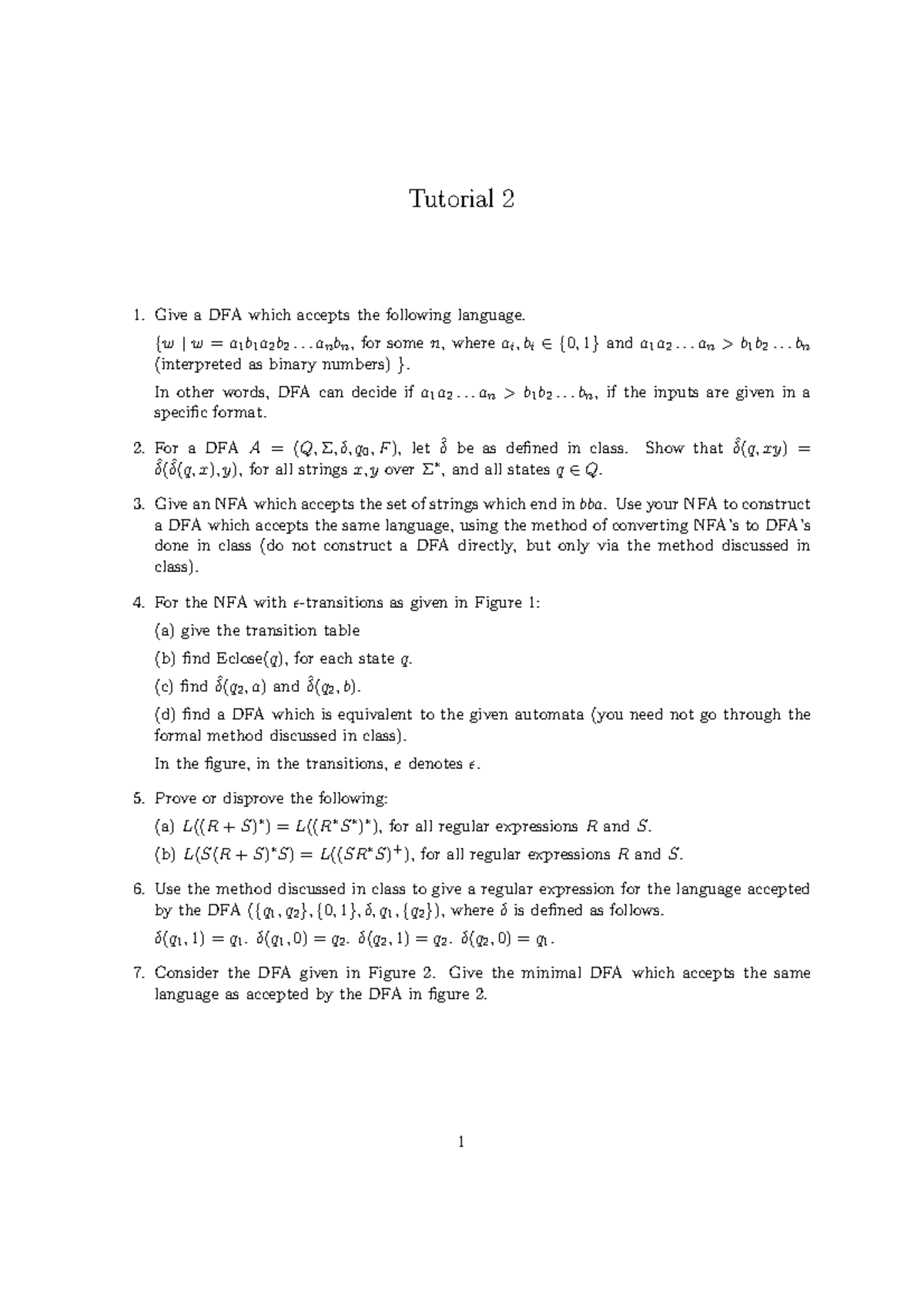 T2 - Summary - Tutorial 2 Give a DFA which accepts the following ...