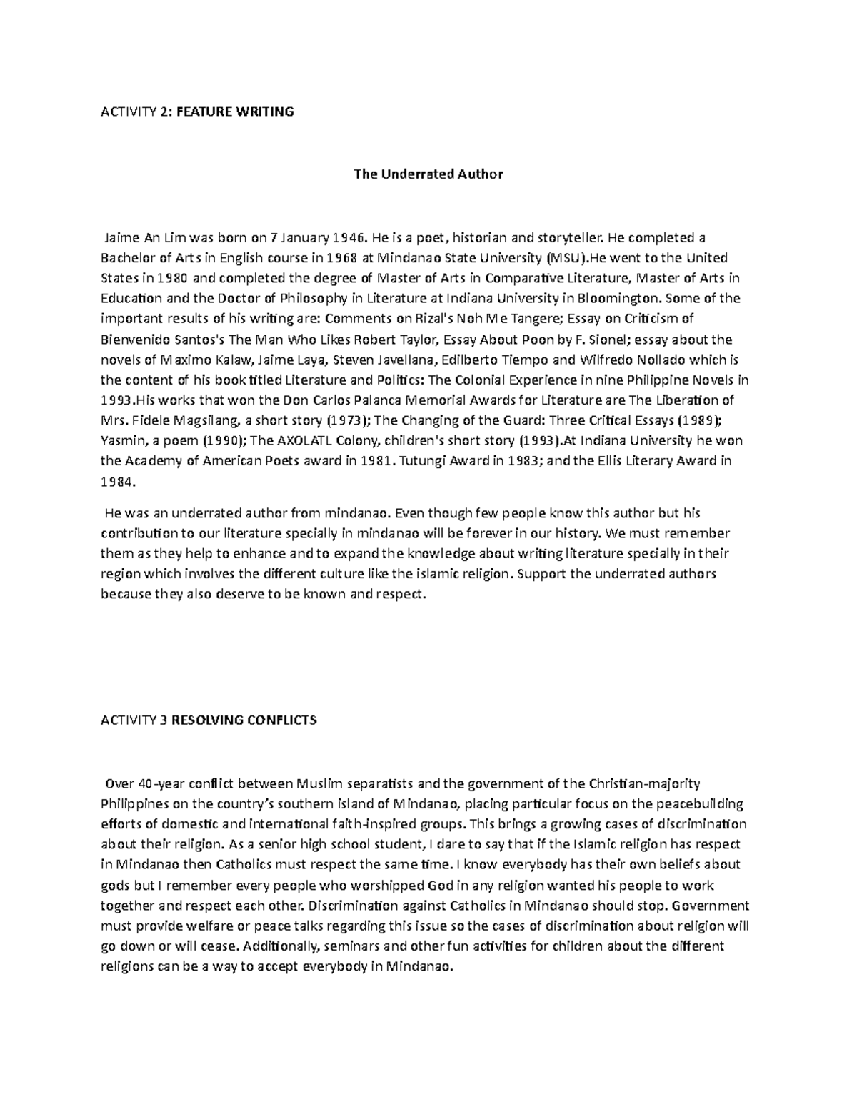 21st - grade 11 - ACTIVITY 2: FEATURE WRITING The Underrated Author ...