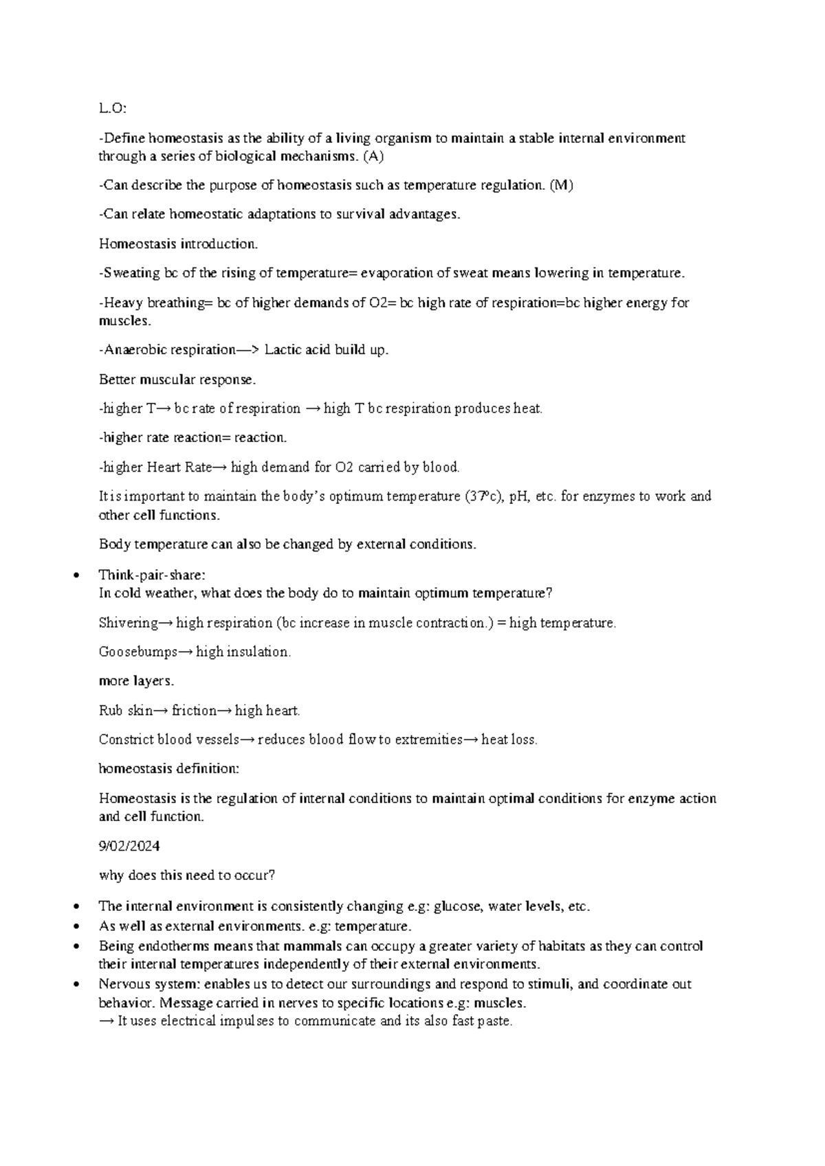 Level 3 biology internal homeostasis - L: Define homeostasis as the ...