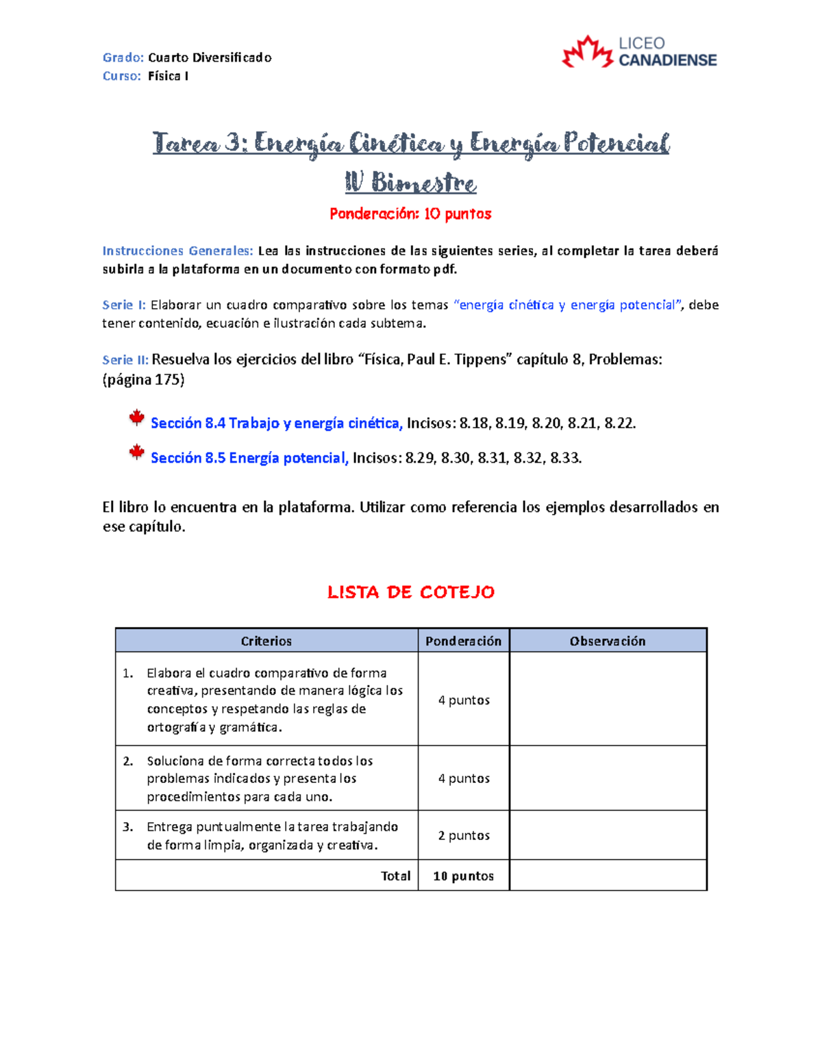 HOJA DE Trabajo 2 - EnergíA CINÉTICA Y Potencial - Grado: Cuarto ...