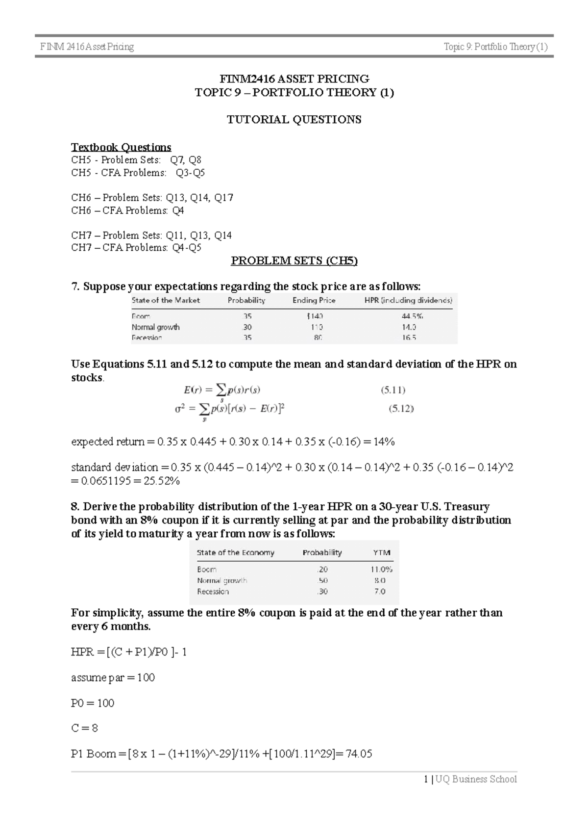 Tutorial Questions and answers for Week 9 - FINM2416 ASSET PRICING ...