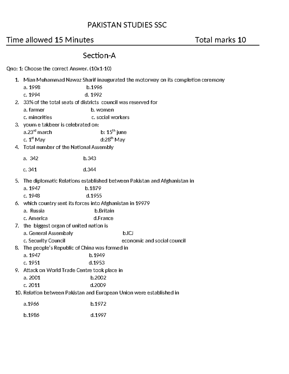 Pakistan Studies SSC paper 10tcl SSSh - PAKISTAN STUDIES SSC Time ...