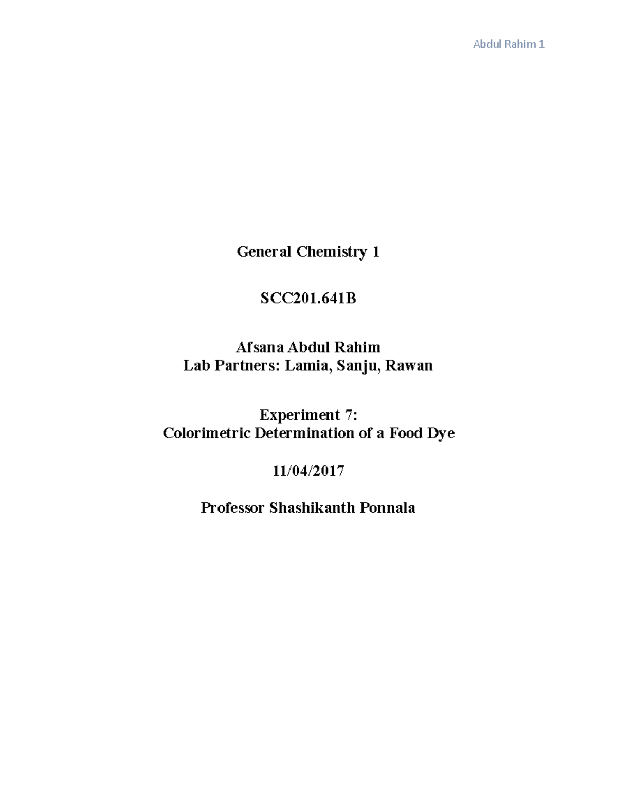 General Chemistry Lab Report 7 - Abdul Rahim 1 General Chemistry 1 ...