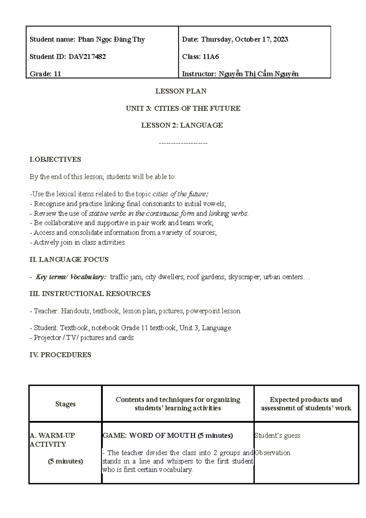Lesson PLAN UN3 G11 Language - Student name: Phan Ngọc Đăng Thy Student ...