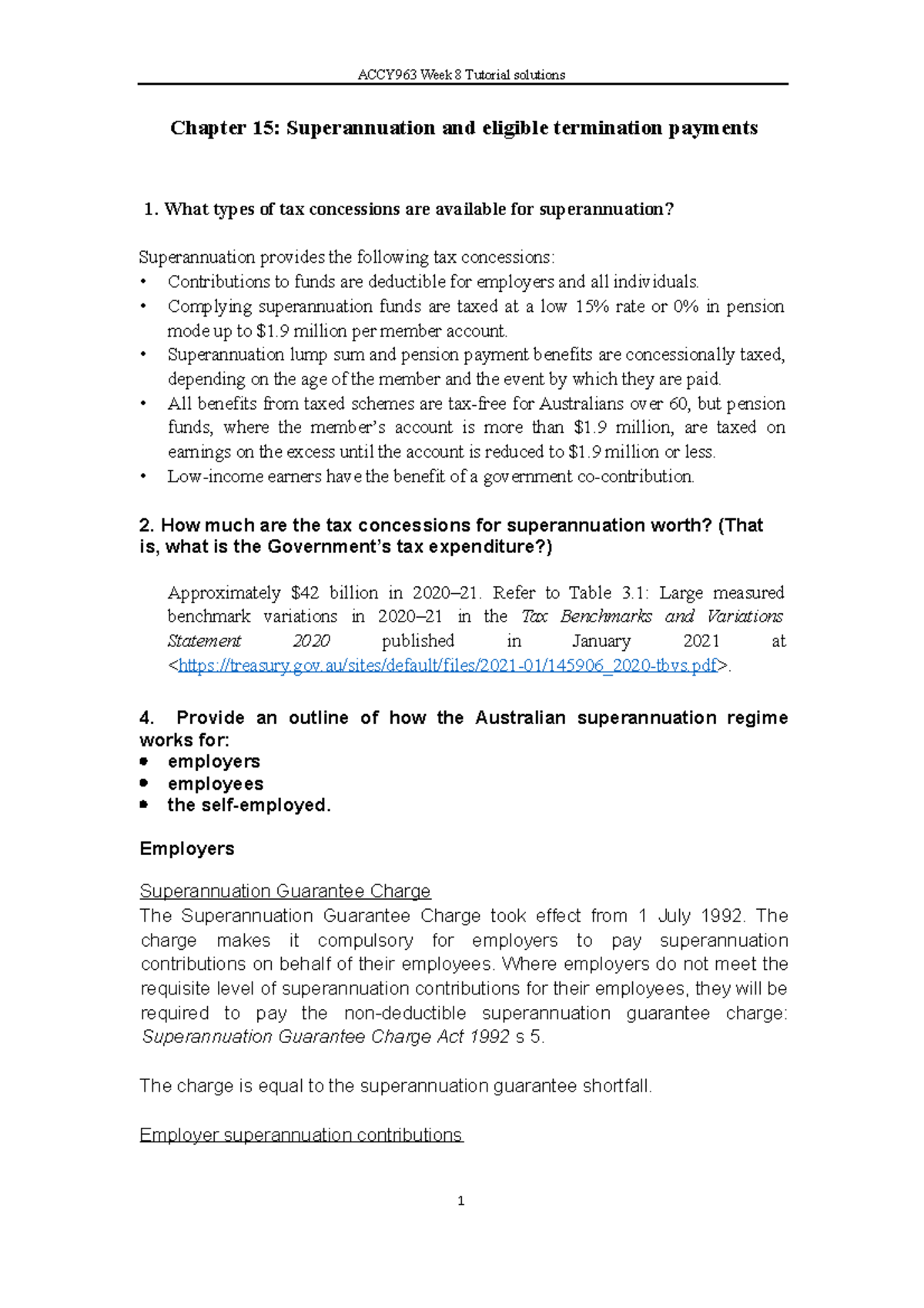 Week 8 Tutorial Solutions Chapter 15 Superannuation And Eligible Termination Payments What