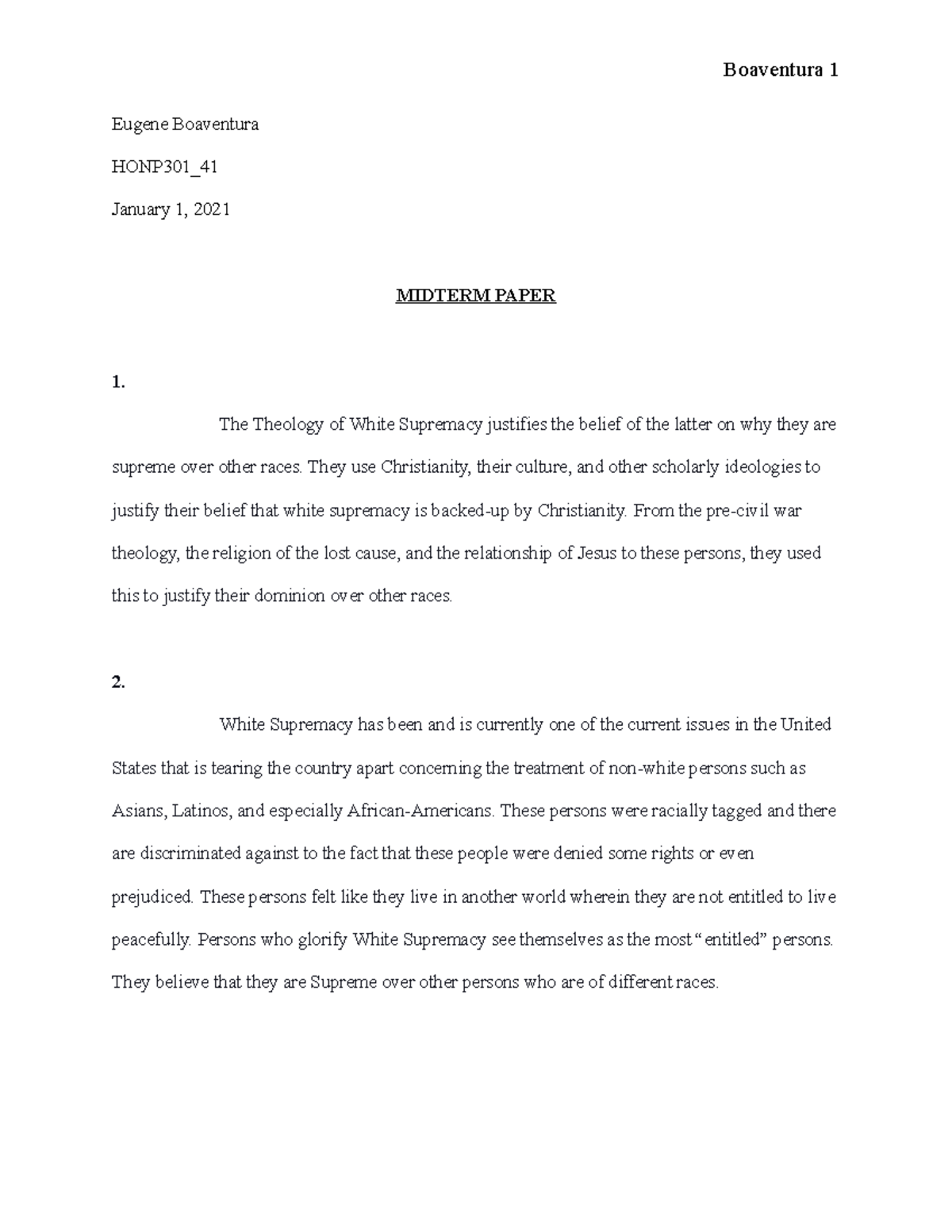 Midterm Paper Final - Reflections on Chapters Three & Four in "White ...