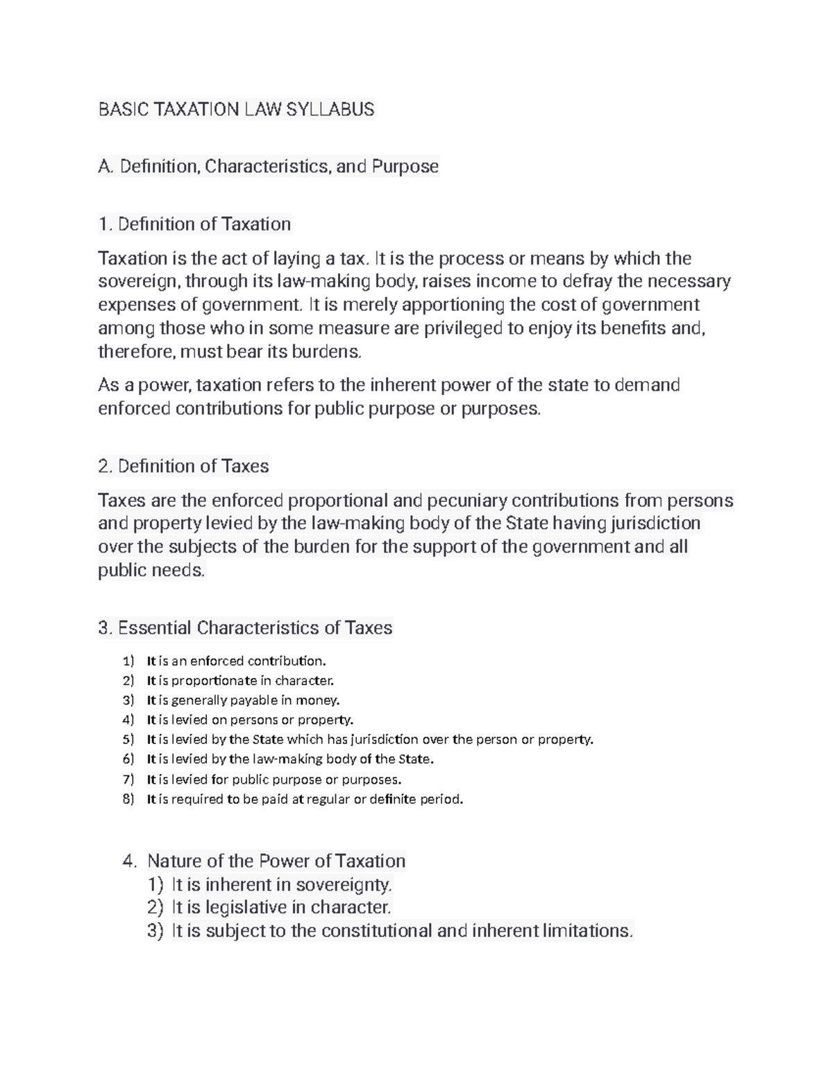 Basic Taxation LAW Syllabus - BASIC TAXATION LAW SYLLABUS A. Definition ...
