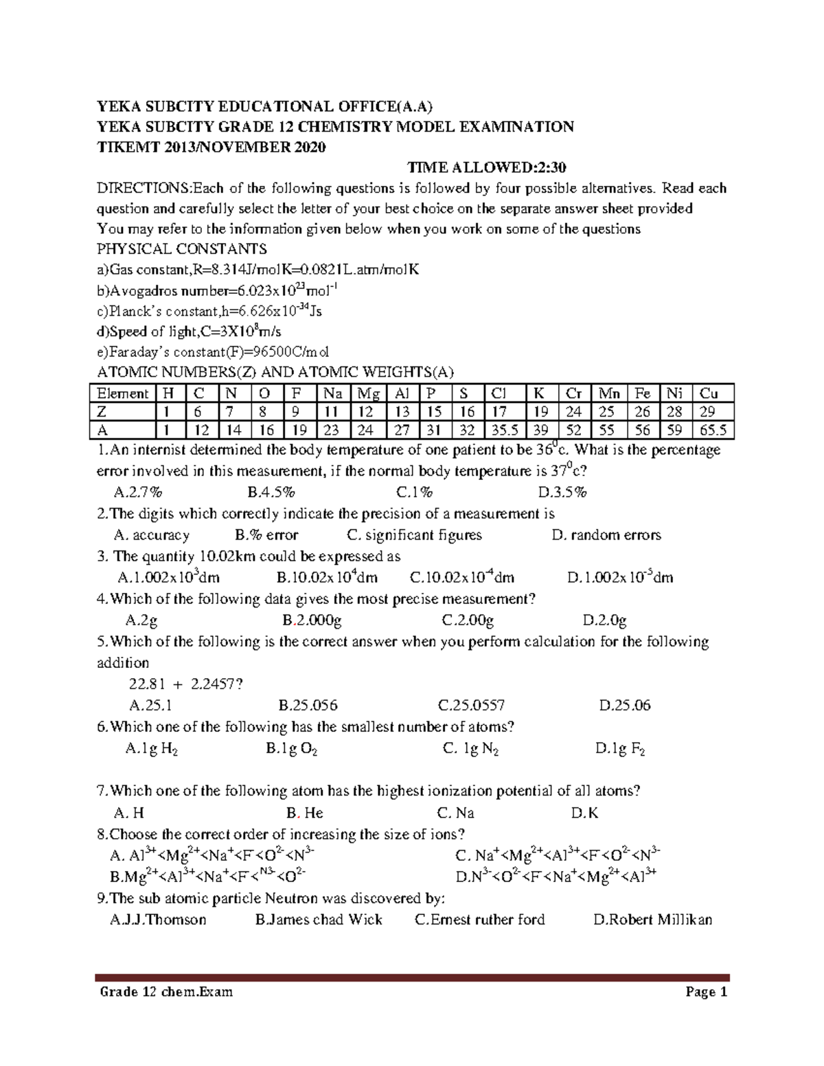 Grade 12 chemistry 3rd round exam - YEKA SUBCITY EDUCATIONAL OFFICE(A ...