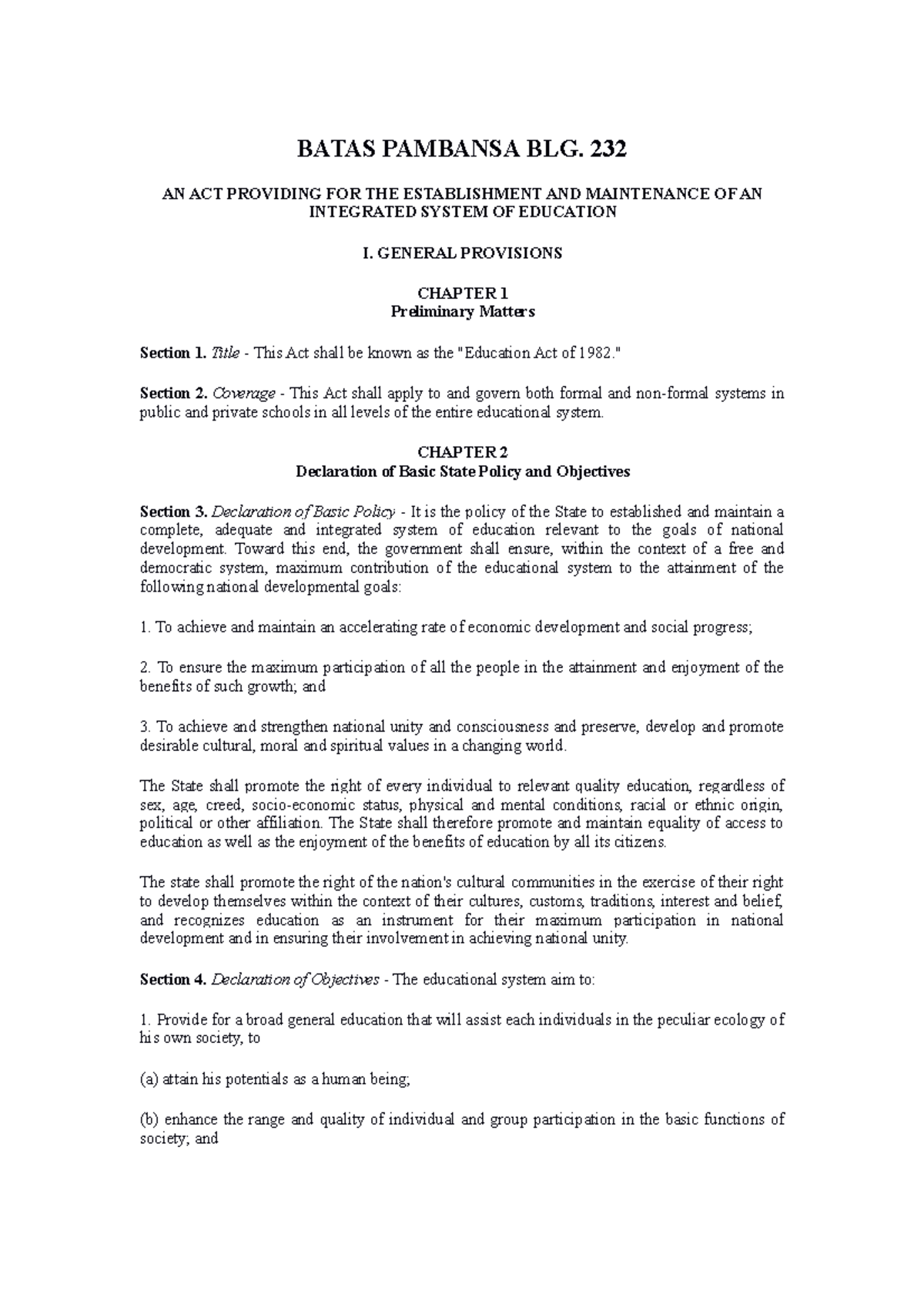 B. Batas Pambansa BLG. 232 - BATAS PAMBANSA BLG. 232 AN ACT PROVIDING ...