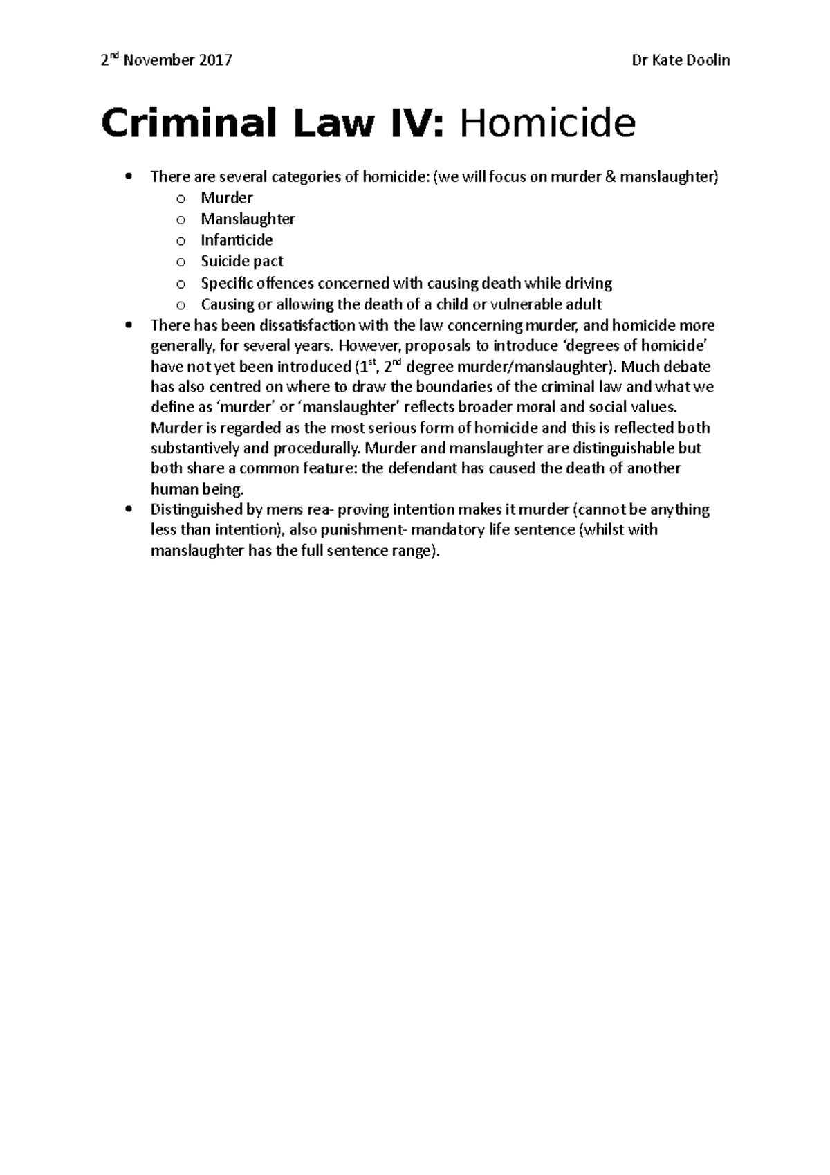 Criminal Law IV-homicide summary - 2 nd November 2017 Dr Kate Doolin ...