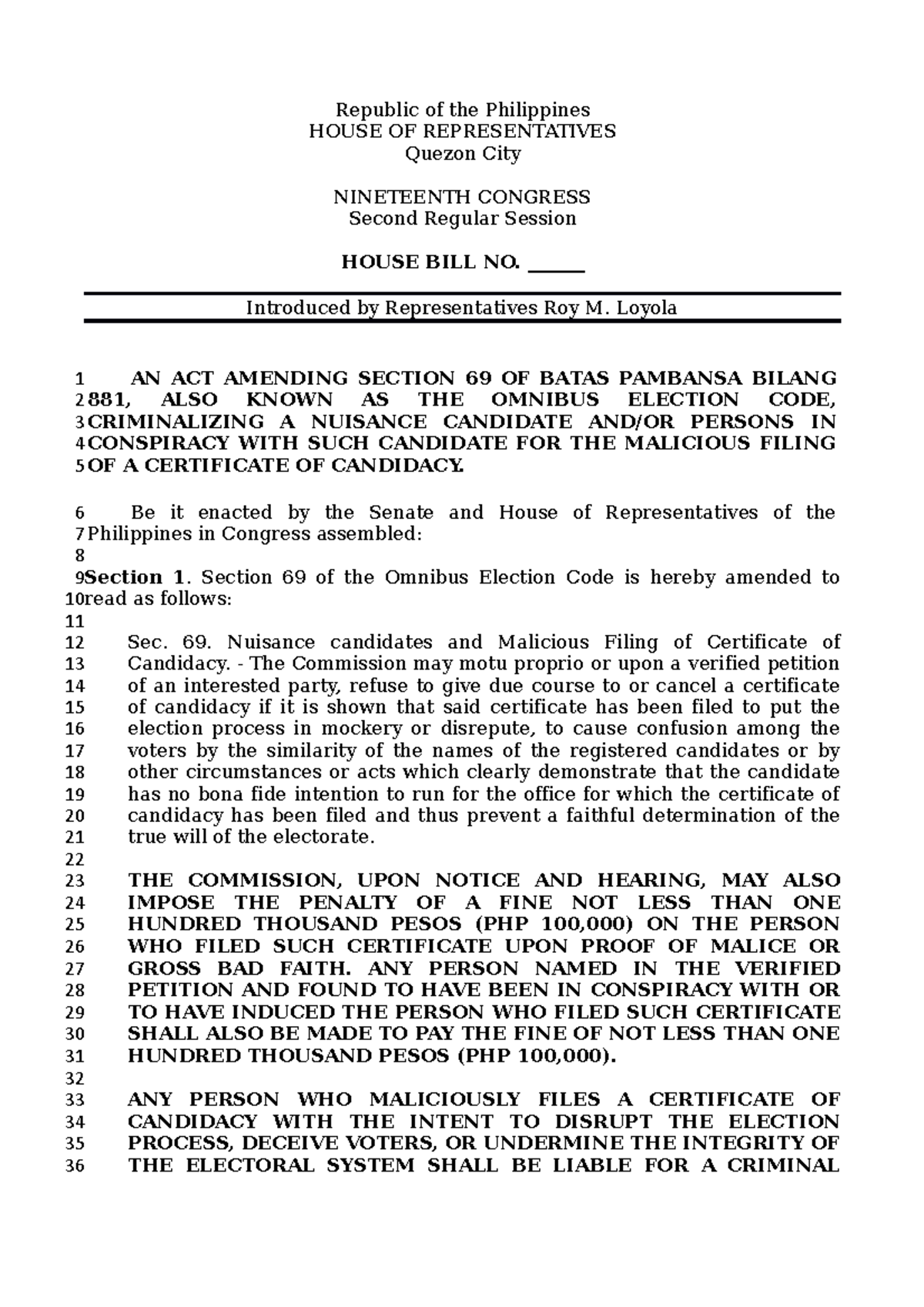 HB Criminalizing Nuisance Candidates - Republic of the Philippines ...
