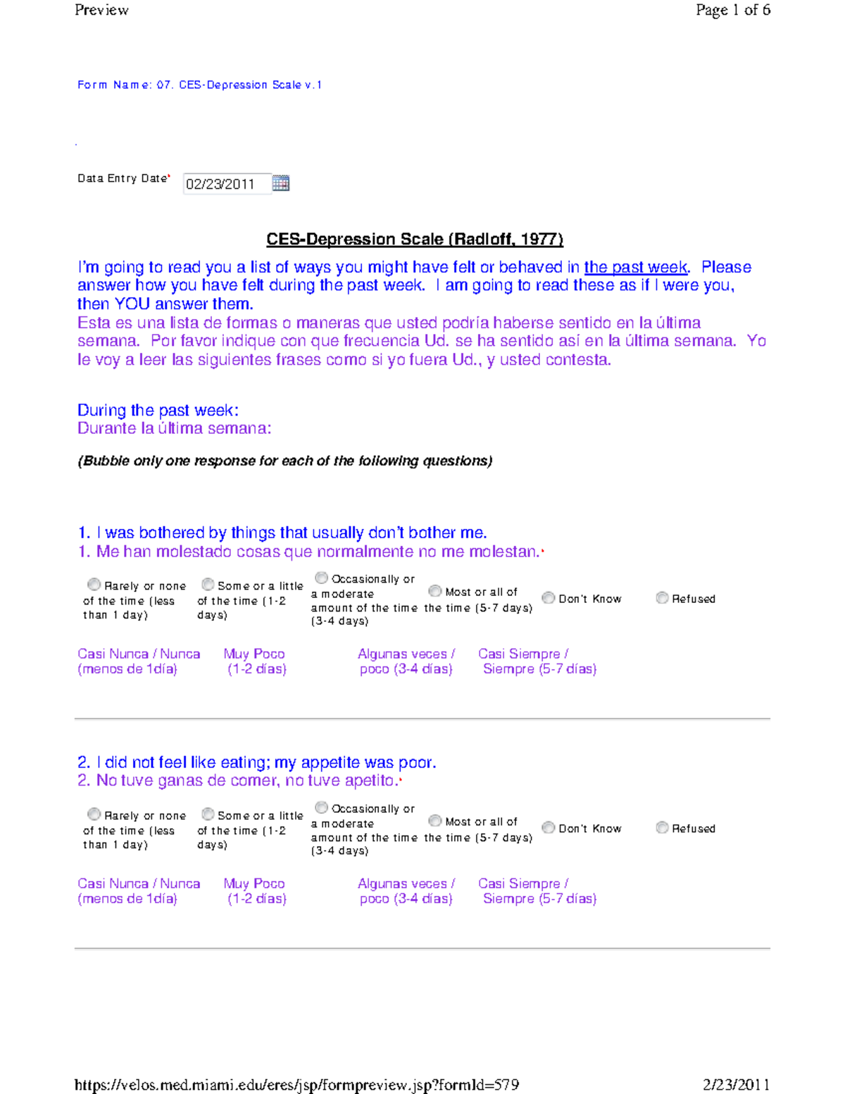 CES-D Depression scale - Spanish - . Form Name: 07. CES-Depression ...