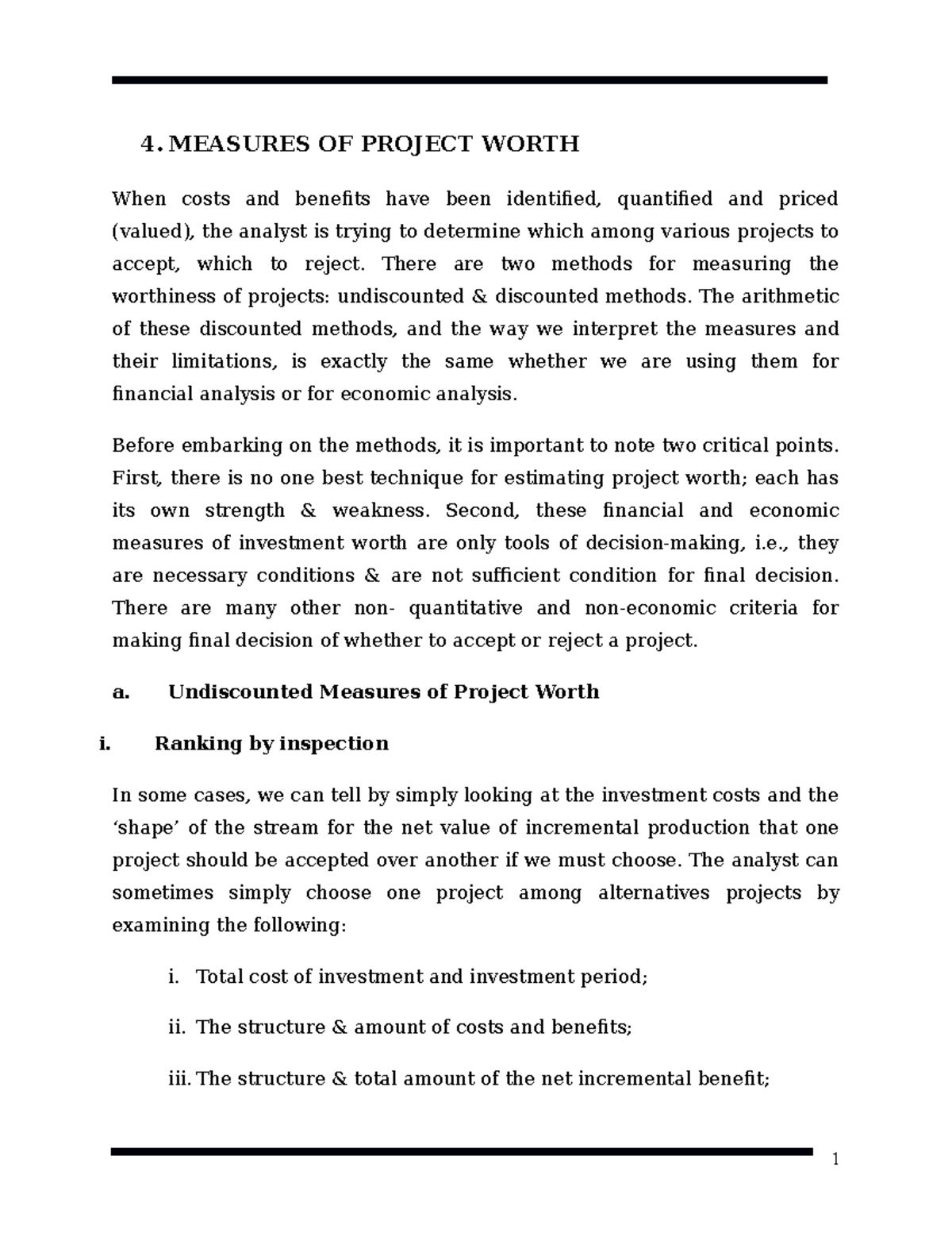 Project CH-7 - 4. MEASURES OF PROJECT WORTH When costs and benefits ...